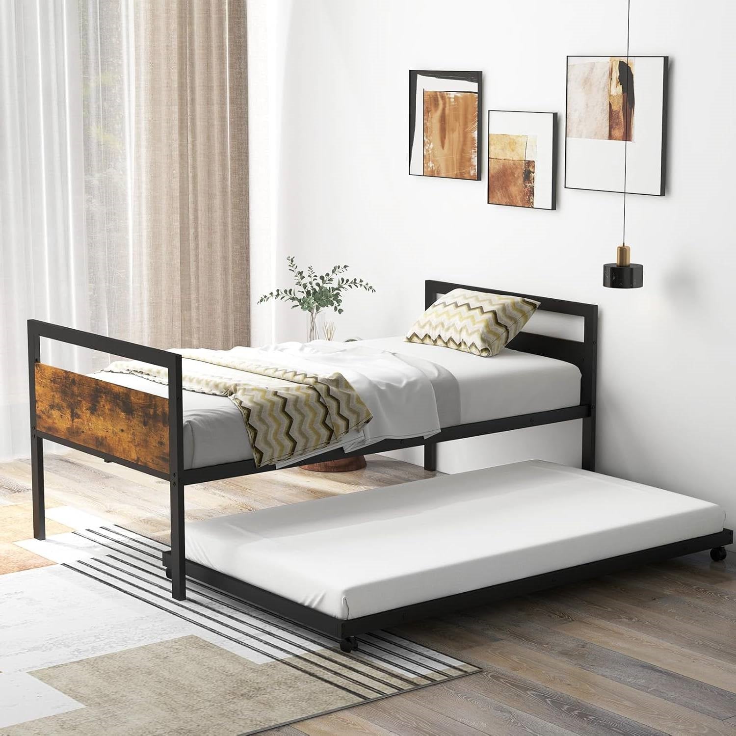 Twin size Industrial Farmhouse Metal Wood Daybed with Trundle Bed Fram – Melrose Home Design