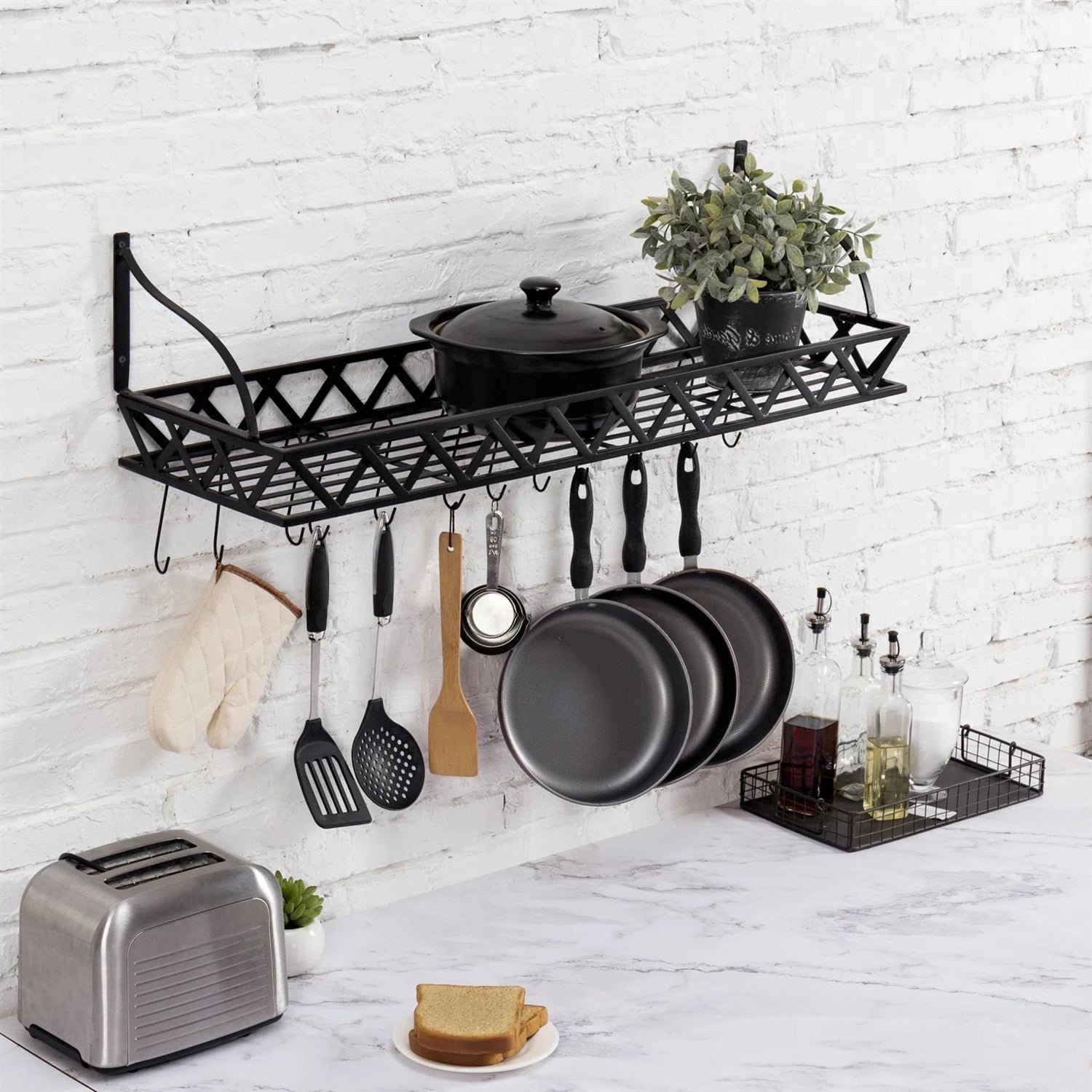 Black Metal Rectangular Wall Mounted Kitchen Pot Rack with 12 Hanging ...