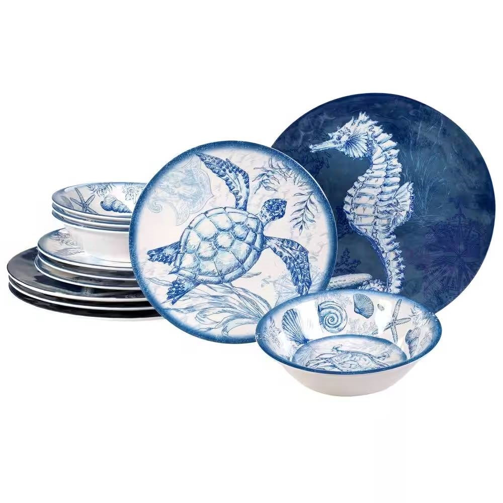 12-Piece Sea Shells Ocean Theme Dinnerware Set in Blue and White - Ser ...